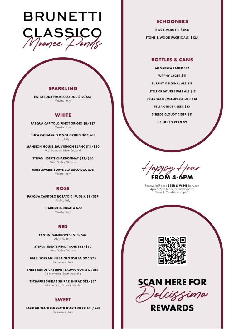 Menu Moonee Ponds - Brunetti Classico Cafe Melbourne